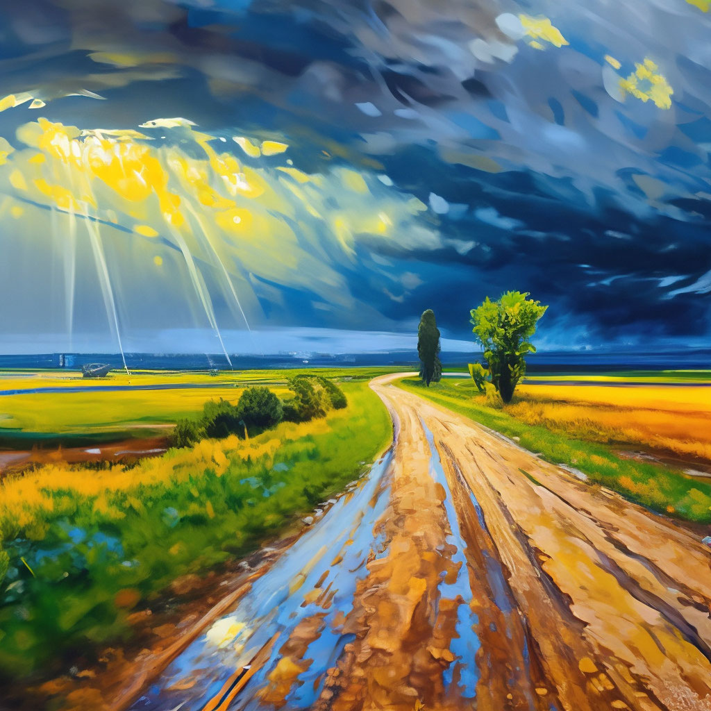 "Oil painting, spring, day, stormy sky, wet road, steppe, lonely tree ...