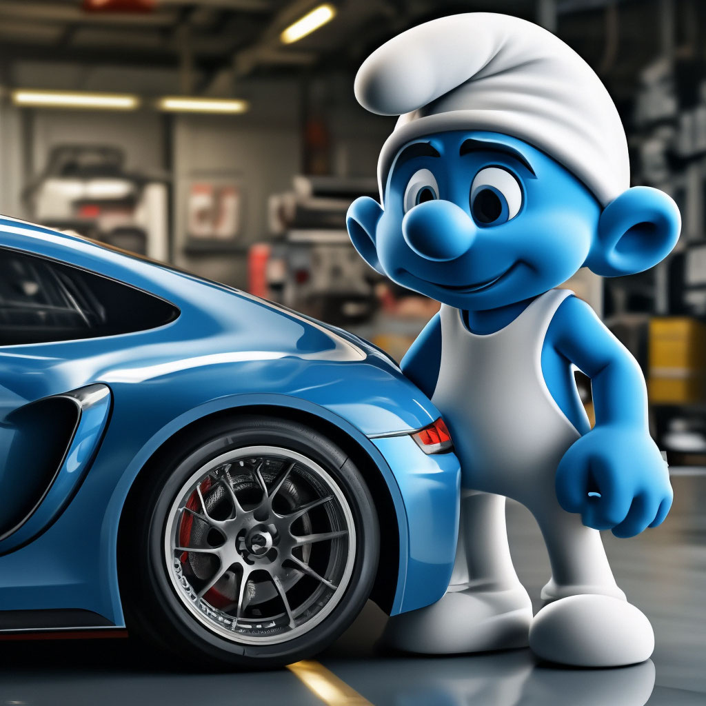 "Car service advertising.Smurfs change the wheel on a racing car ...