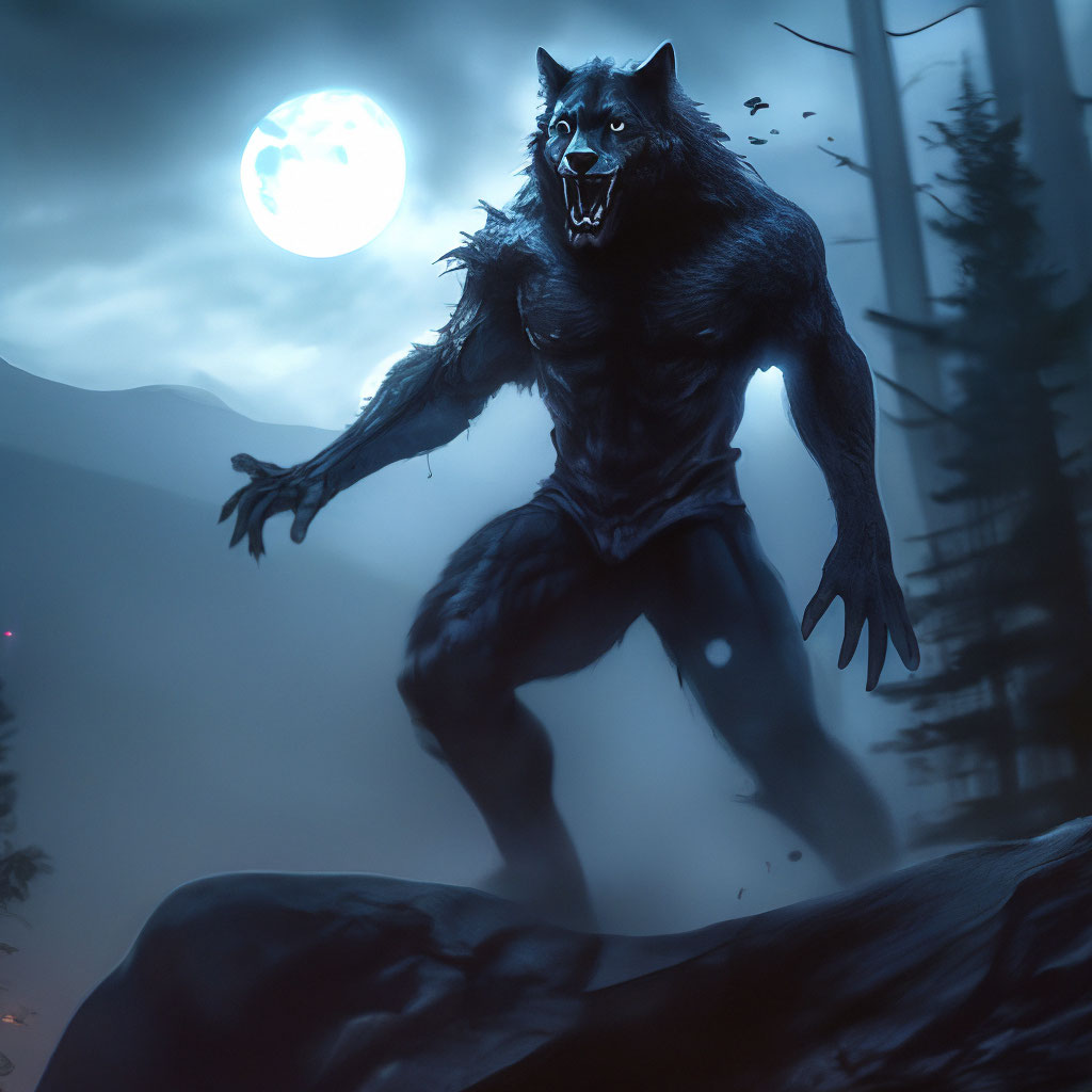 "Transformation into a werewolf, full moon, cliff, forest, realistic ...