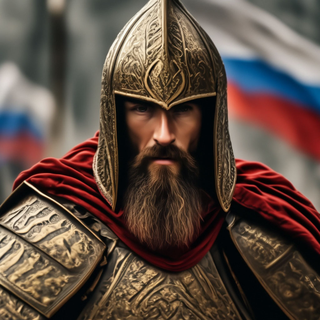 "Rusich, in a golden shishak, against the background of the developing ...