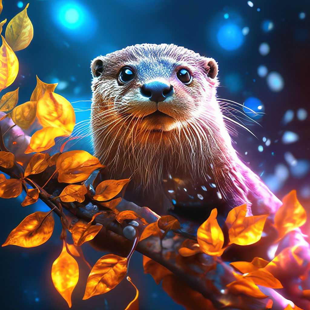 "Hyperrealistic,bright,beautiful,made of fire smoke, otter on a branch ...