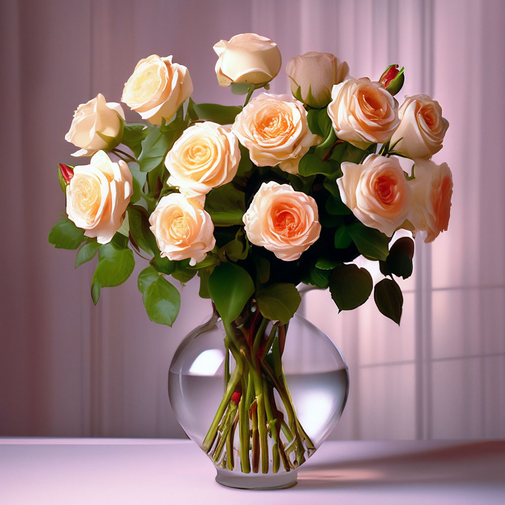 "A magnificent bouquet of beautiful tea roses in a transparent vase ...