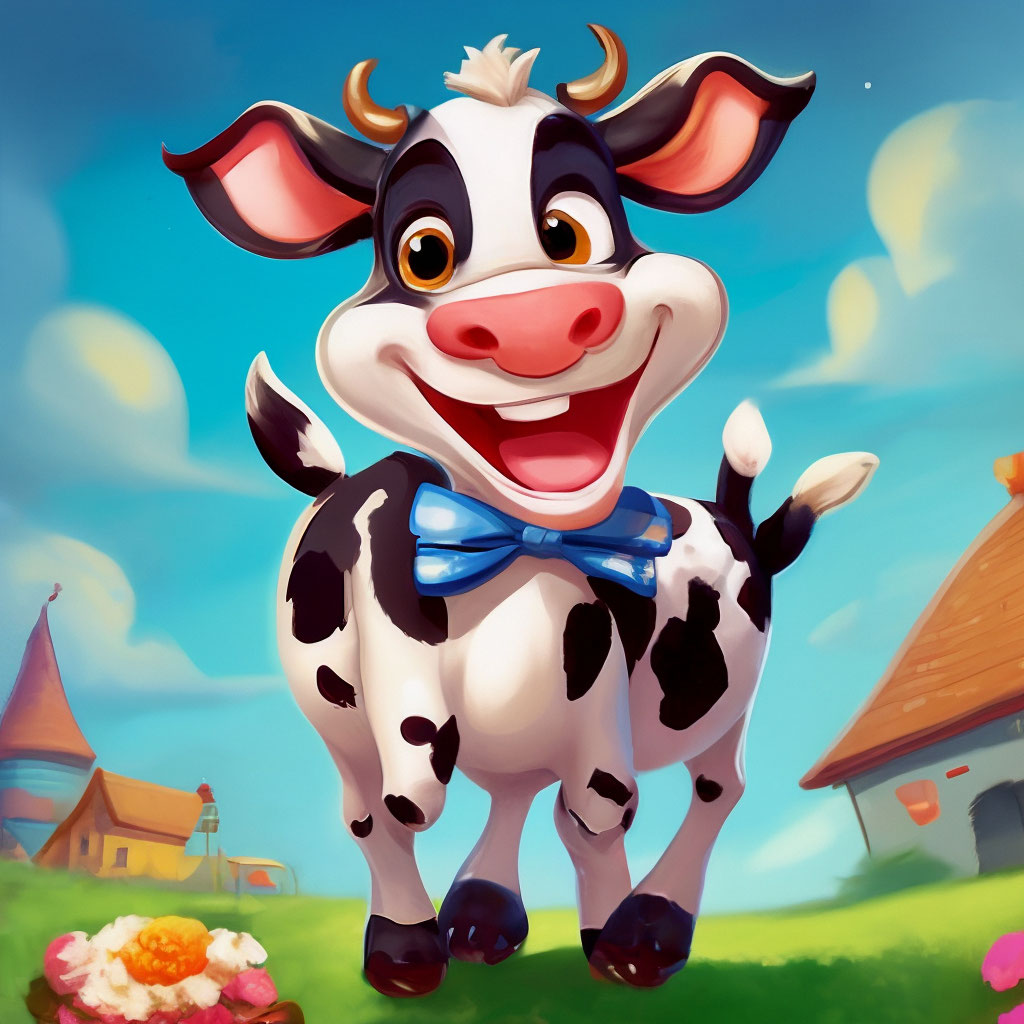 "A cartoon painted cheerful well-fed beautiful cow, with a bow on its ...