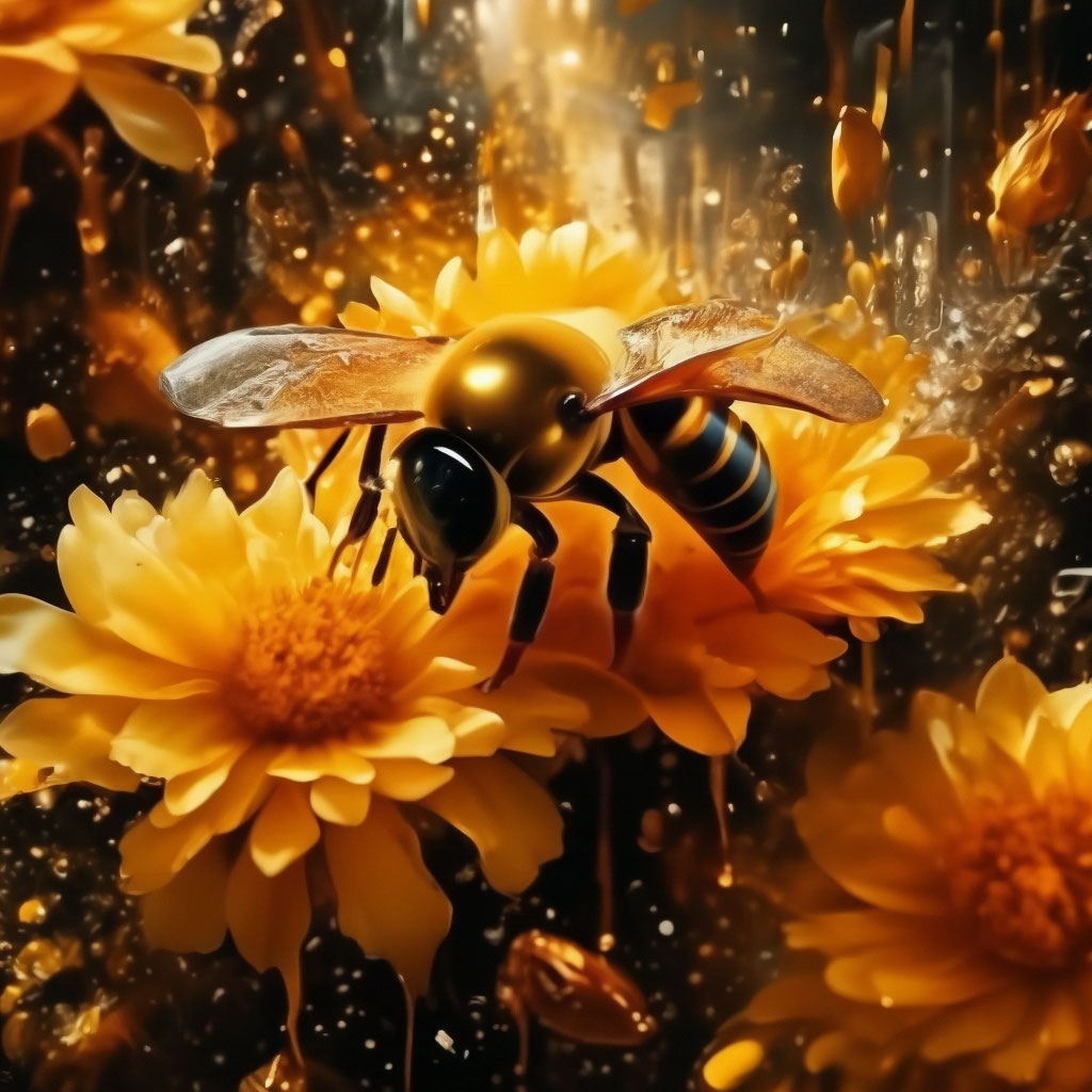 "Honey explosion in the universe, bees, flowers" — image created in ...