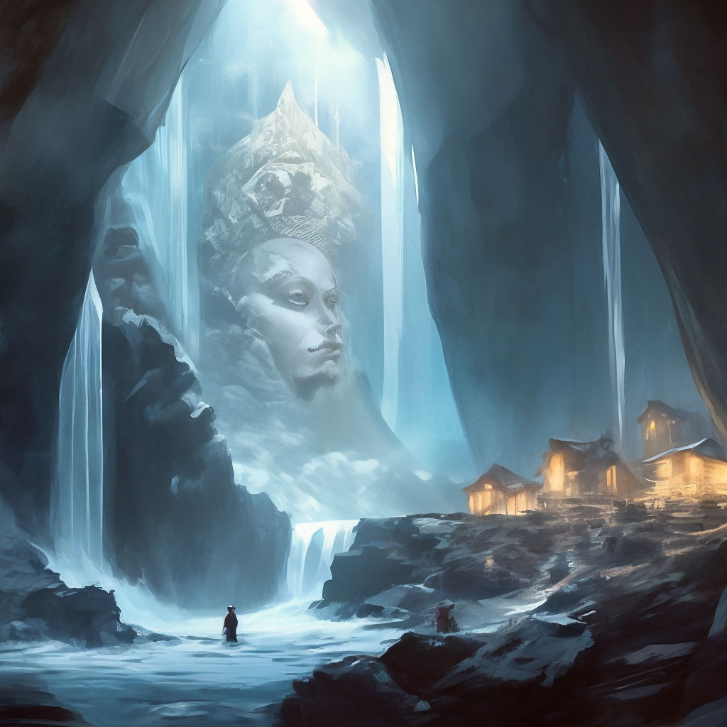 ". tiny town under the waterfall, forgotten land, goddess face in the ...