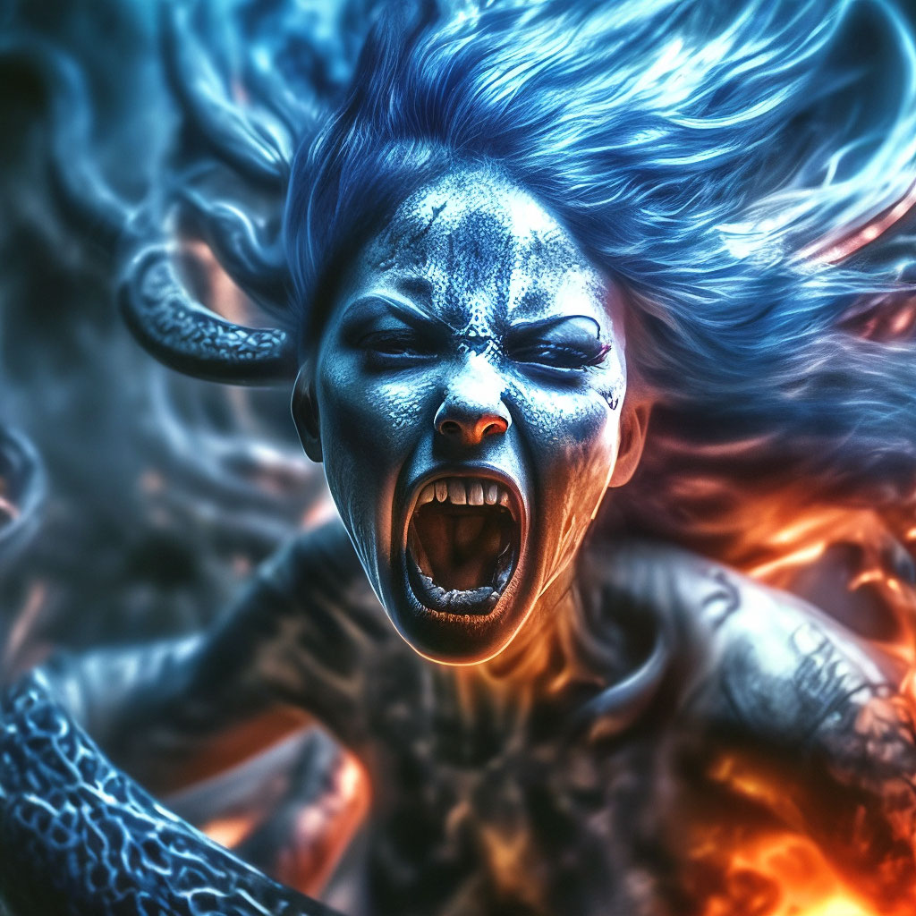 "Brutal and nightmarish demon girl, screaming furiously, fractal fiery ...