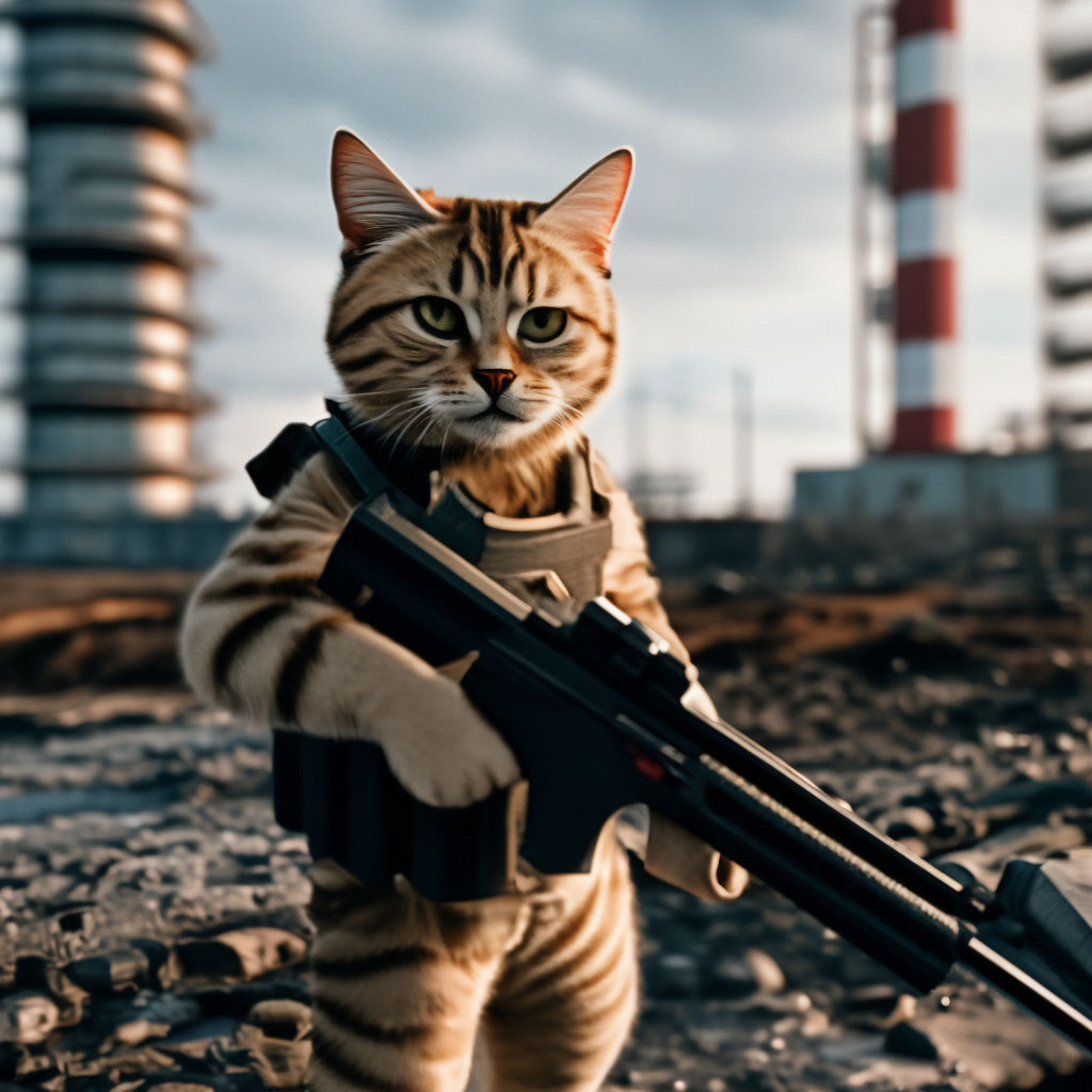 "A cat with a gun stands at the Chernobyl nuclear power plant" — image ...