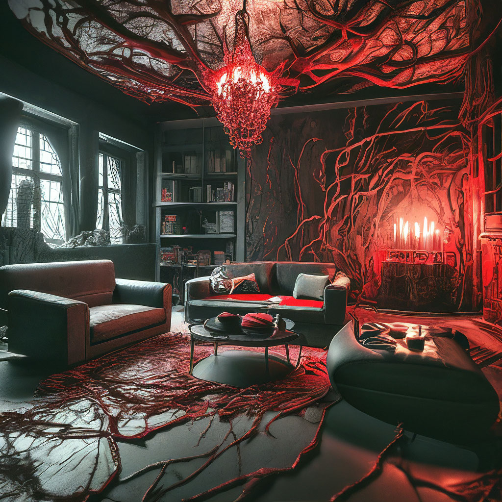 "Creepy art, infernal loft+red fiery cracks+ red slime, black walls ...