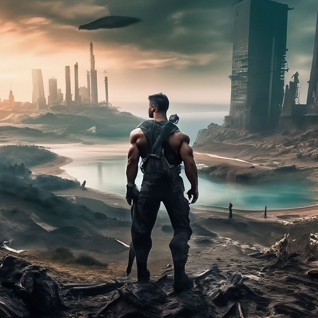 "Stalker. muscular man, post-apocalyptic surreal landscape, anomalous ...