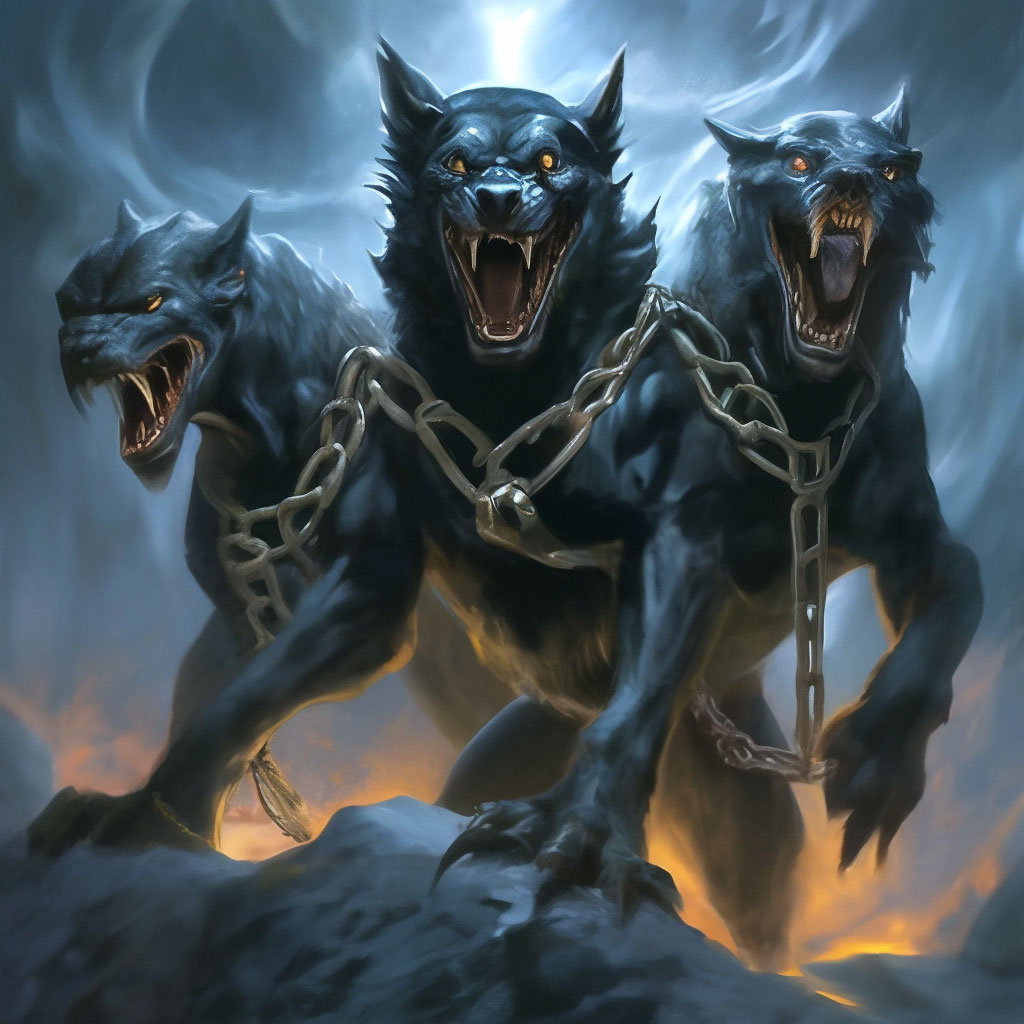 " Cerberus Mythology,night,in the kingdom of Hades, rising from a cliff ...