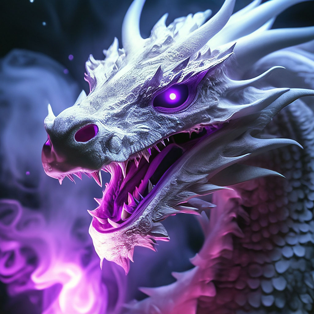 "Hyper realistic, white dragon with purple eyes, misty with spores of ...