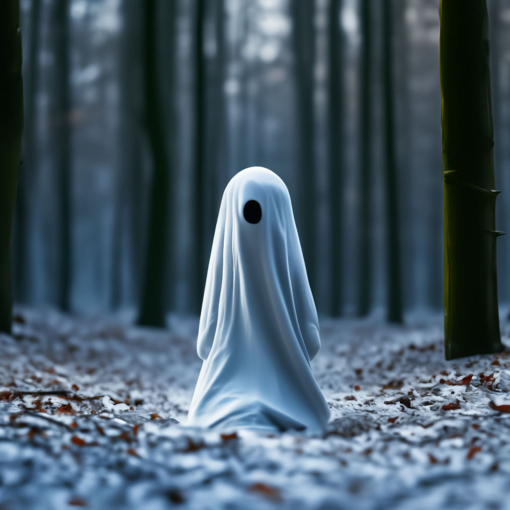 "Minimalism.A sad little ghost walks alone in the forest.Layering ...