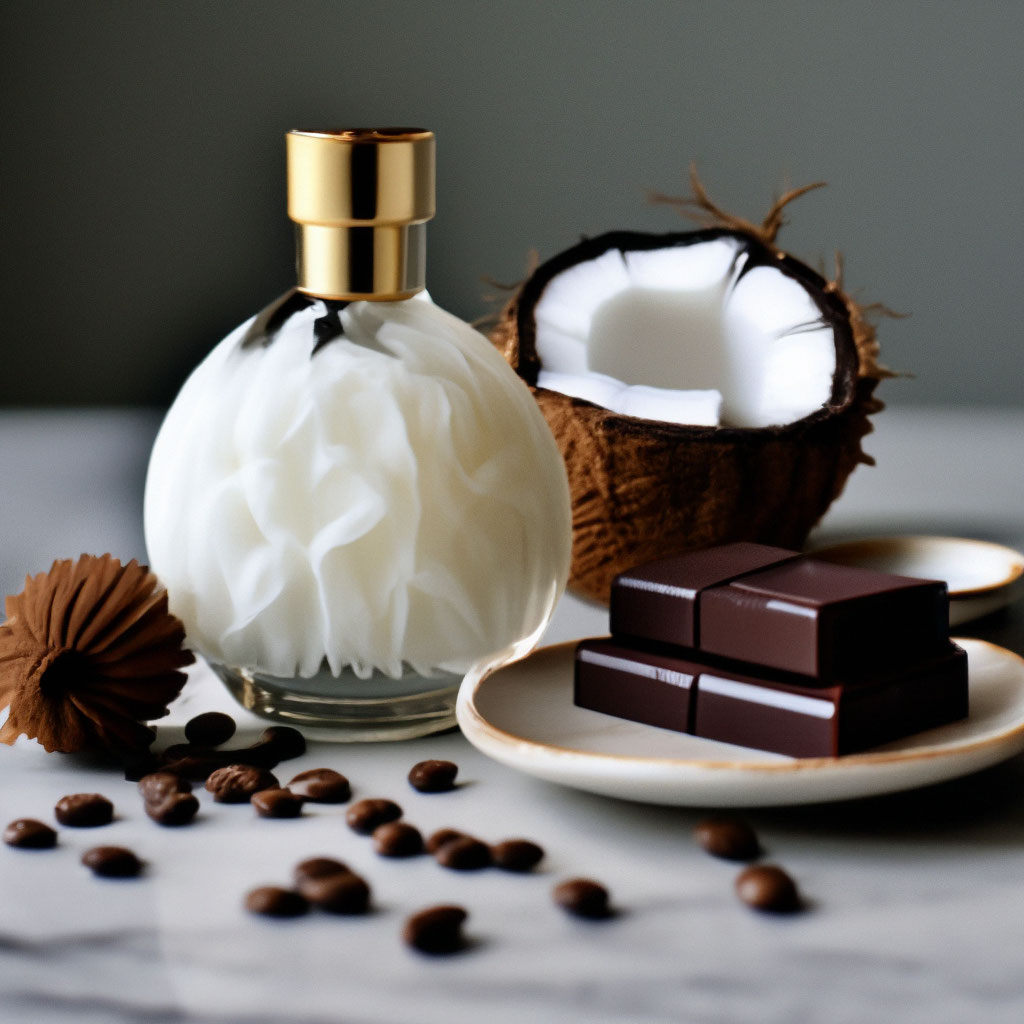"Delicate perfume bottle, next to coconut, chocolate and coffee ...