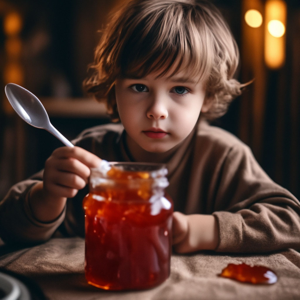 "A boy is sitting at a table in front of him eating a jar of jam with a ...