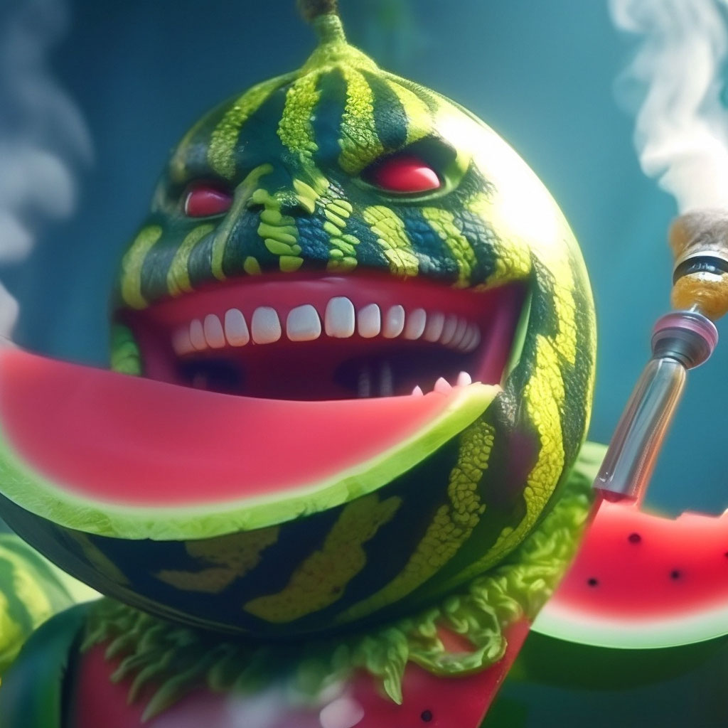 "Big watermelon with big teeth, smoking a pipe, smile, 4k, realistic ...