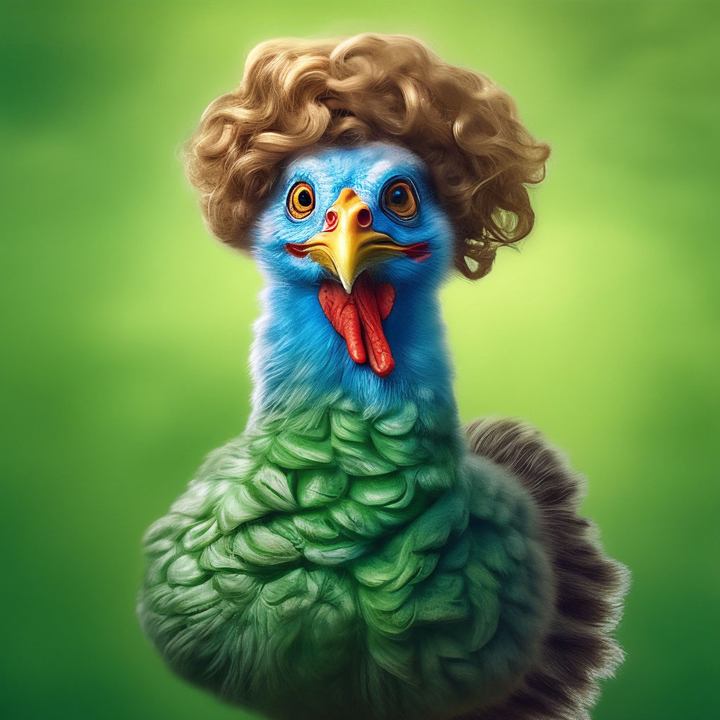 "Funny creep turkey in full height with bulging eyes tried on a wig ...