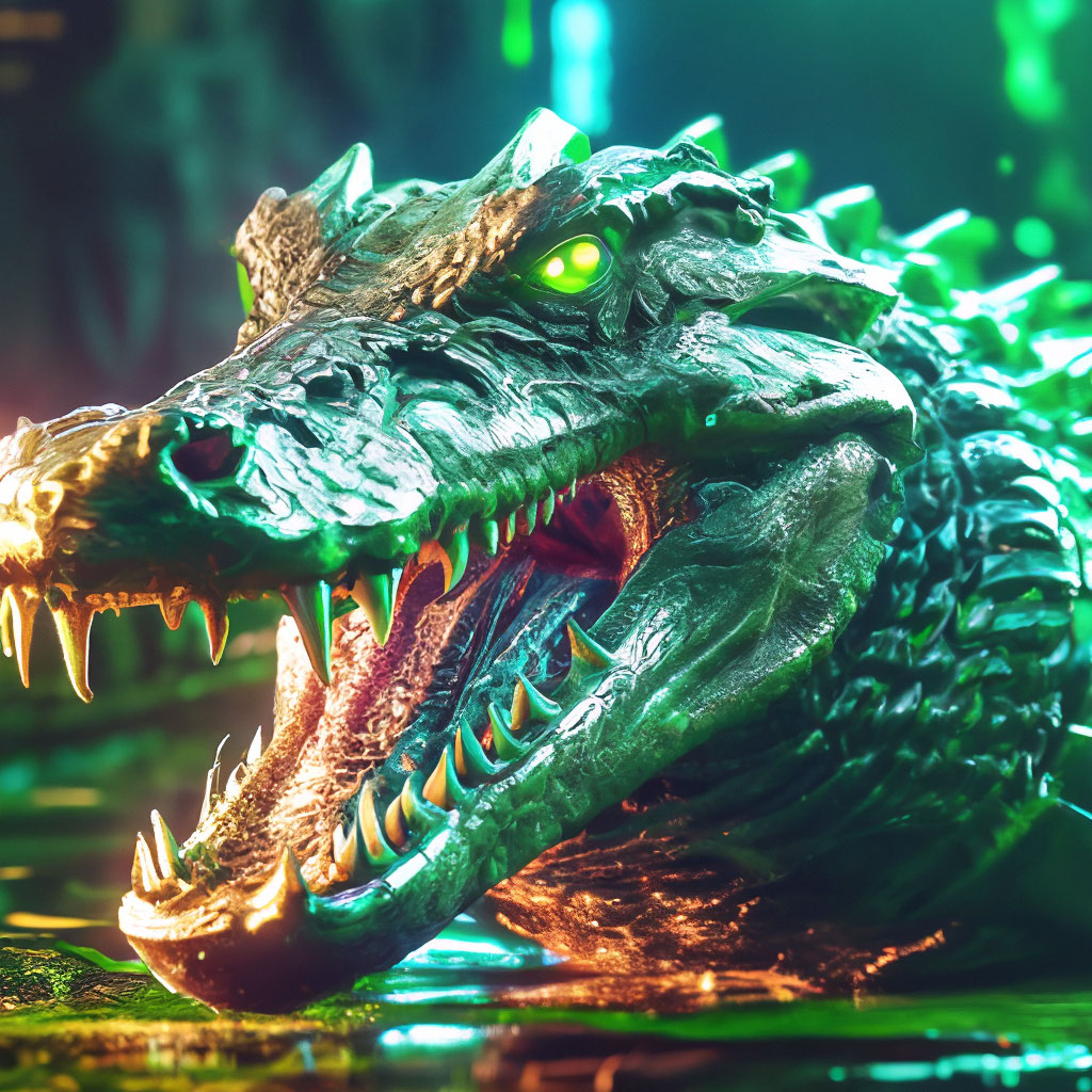 "Ghostly translucent evil crocodile lord,cyberpunk,shimmering swamp ...