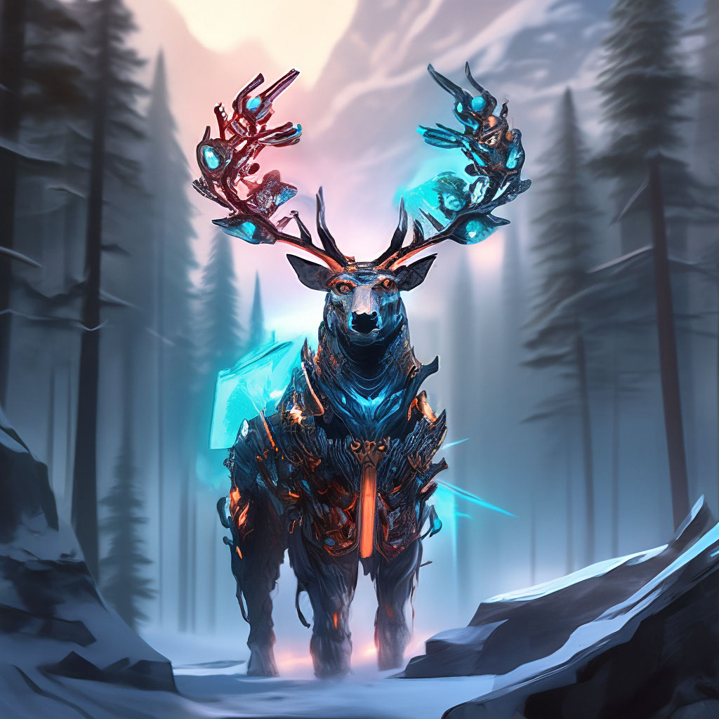 "Cyber deer with the element of Taiga" — image created in Shedevrum