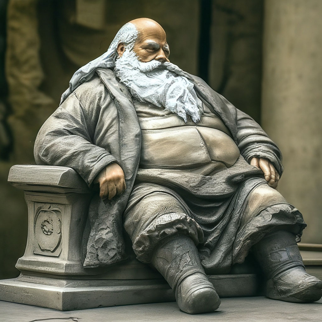 "Hunchbacked, fat grandfather, stone statue, sleeping, long beard, bald ...