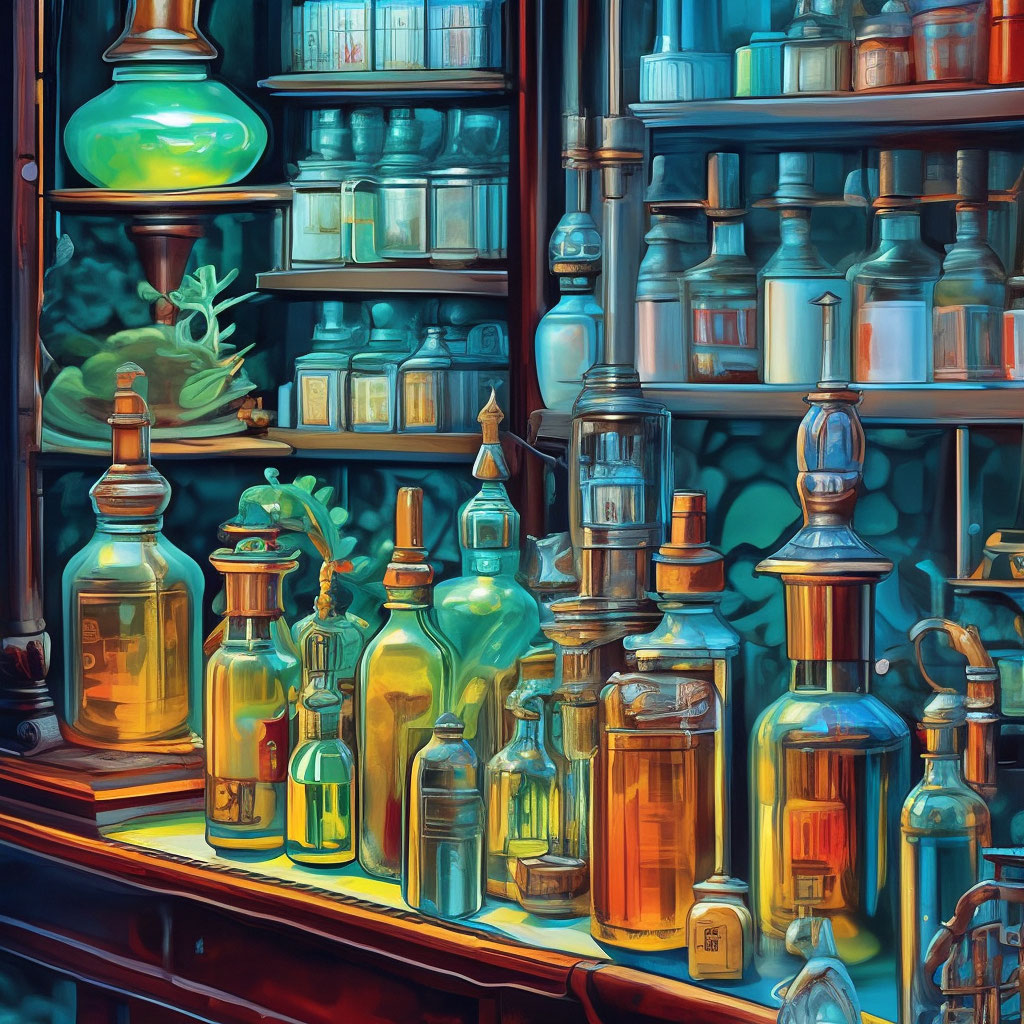"Antique pharmacy, engraving, color illustration, horror aesthetics ...