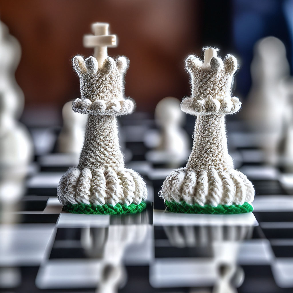 "Chess pieces king and queen knitted white on a chessboard ...