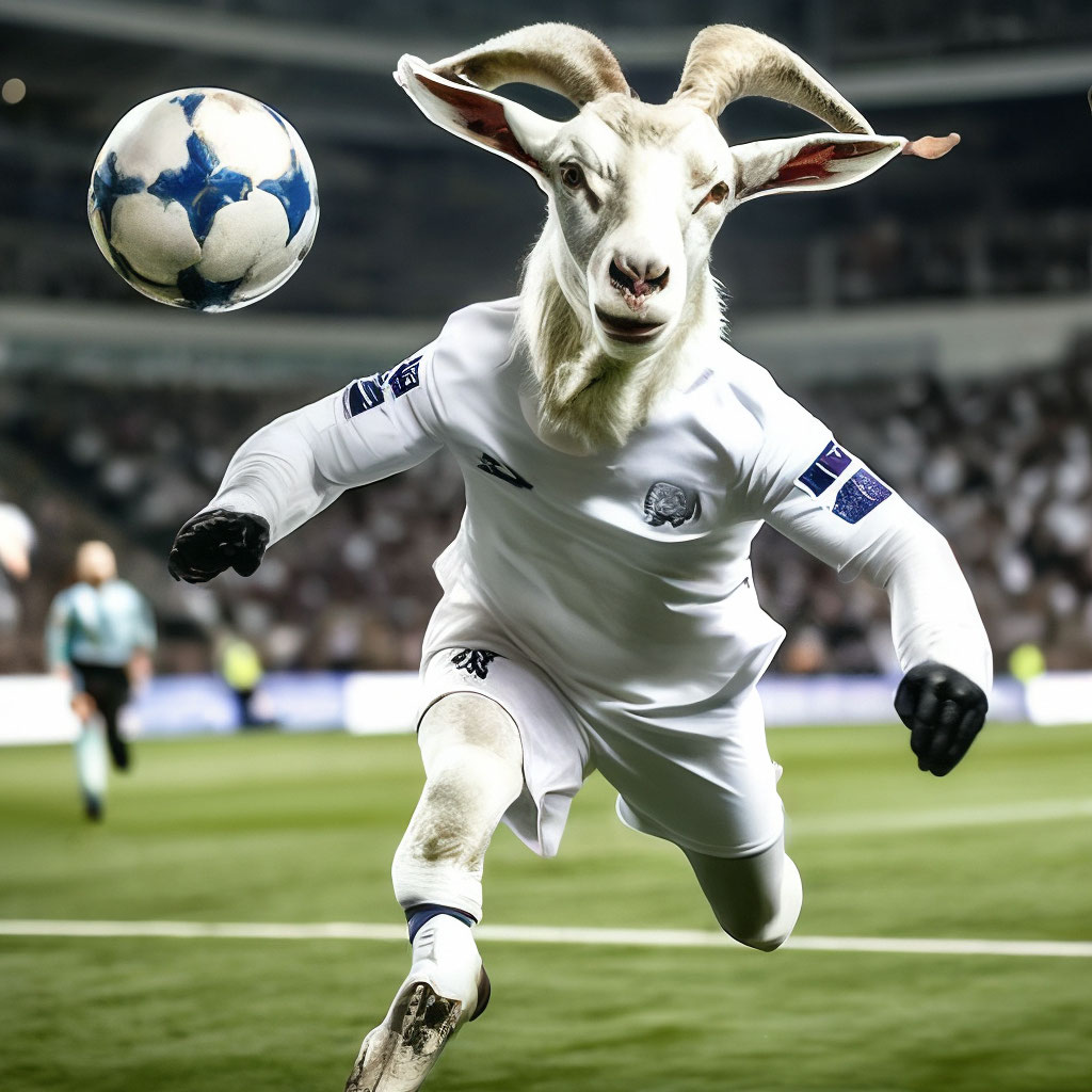 "A football player with the head of a white goat scores the winning ...
