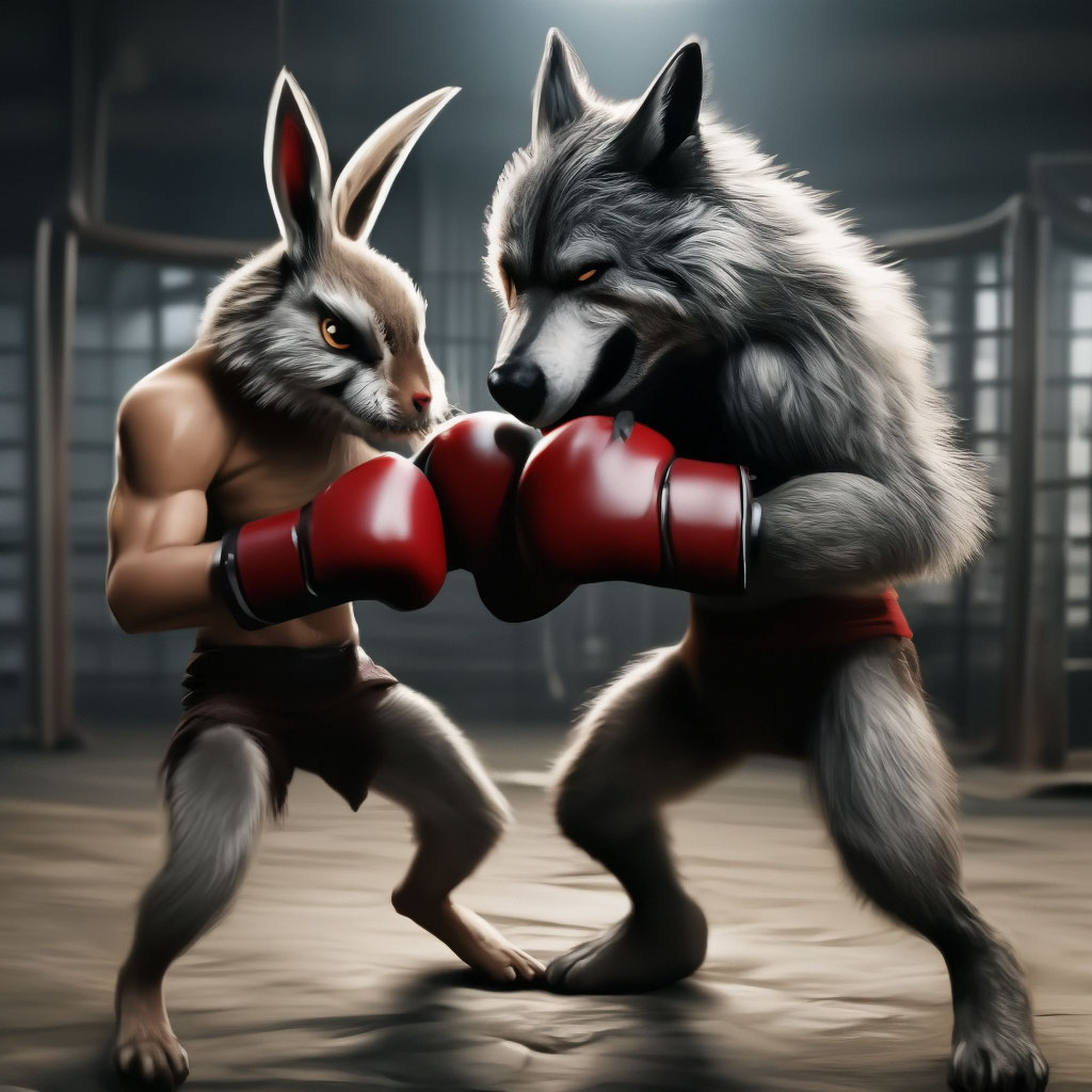 "The boxer hare knocked out the evil wolf" — image created in Shedevrum