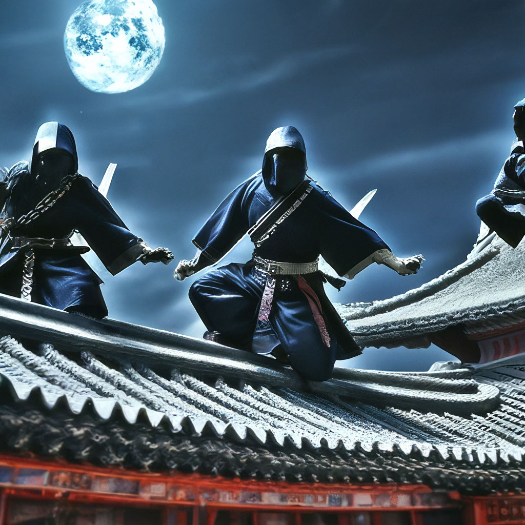 "Three Chinese black ninjas in masks in the moonlight are flying on ...