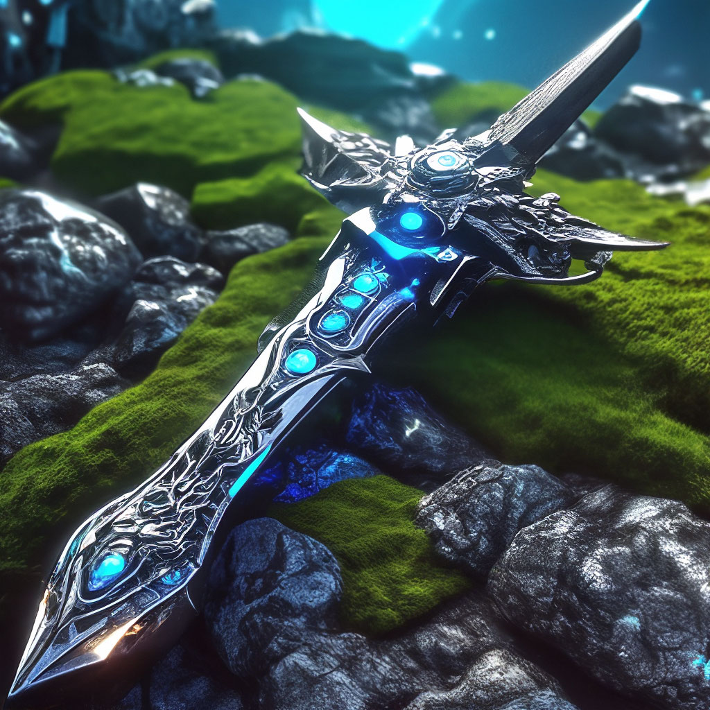 "Moon sword made of black metal, luminous blade, handle with a pattern ...