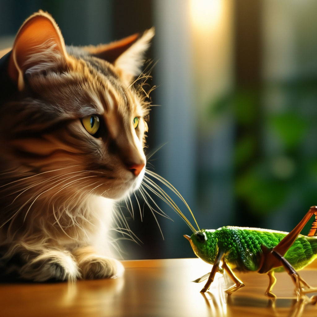 "Cat watching a green grasshopper,hyperrealism,neon fantasy,soft light ...