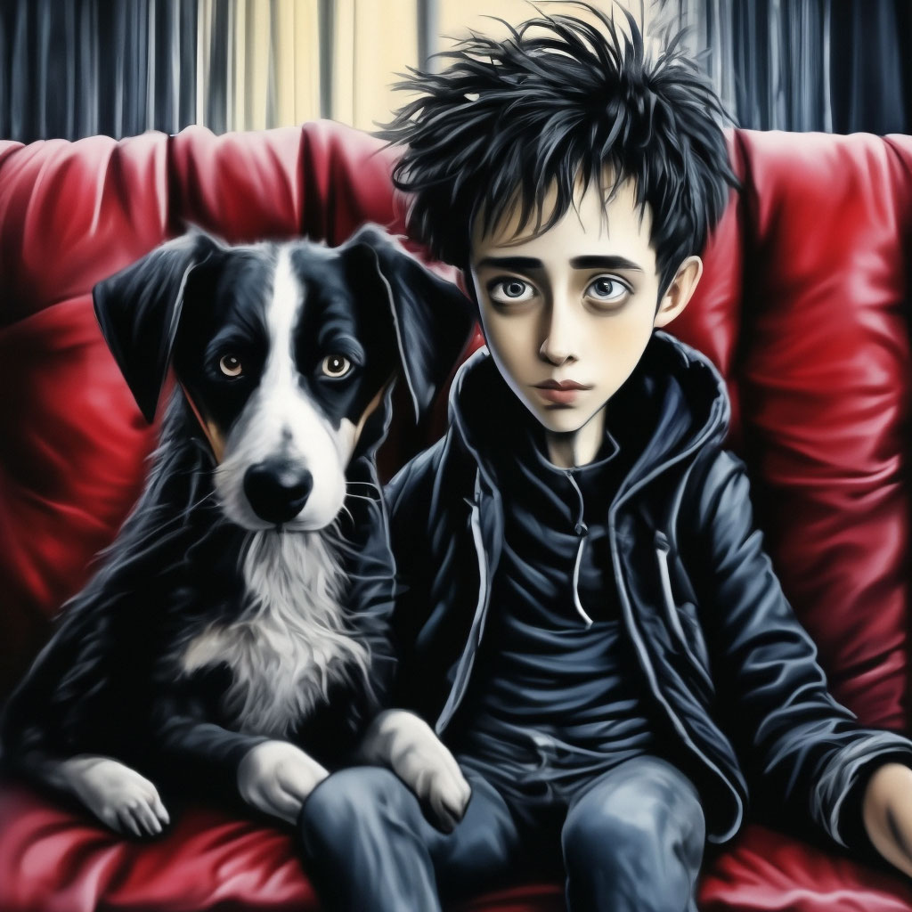"An awkward boy and a dog are sitting on the couch drawing with colored ...