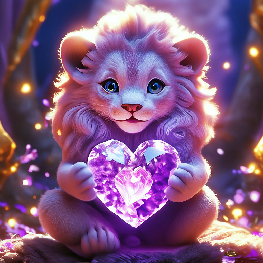 "An ultra-cute powdery lion holds a fractal magical red heart of lilac ...