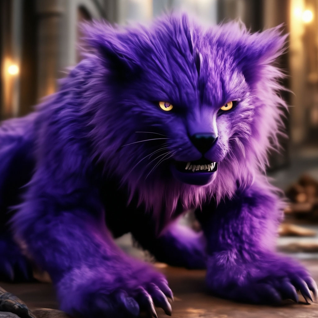 "The purple beast with powerful paws is fluffy very kind but a little ...