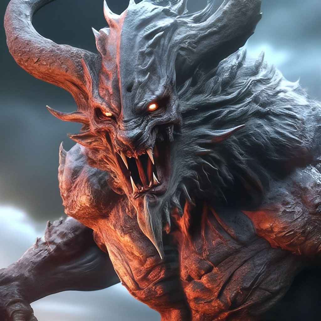 "Hyper realism, mythological character hell monster , menacing look ...