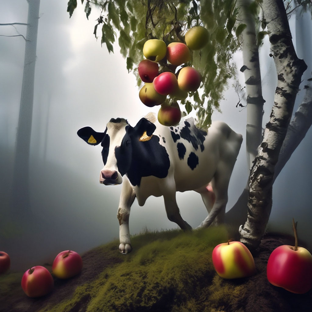 "Cow climbs a birch tree to eat apples, beautiful, realistic ...