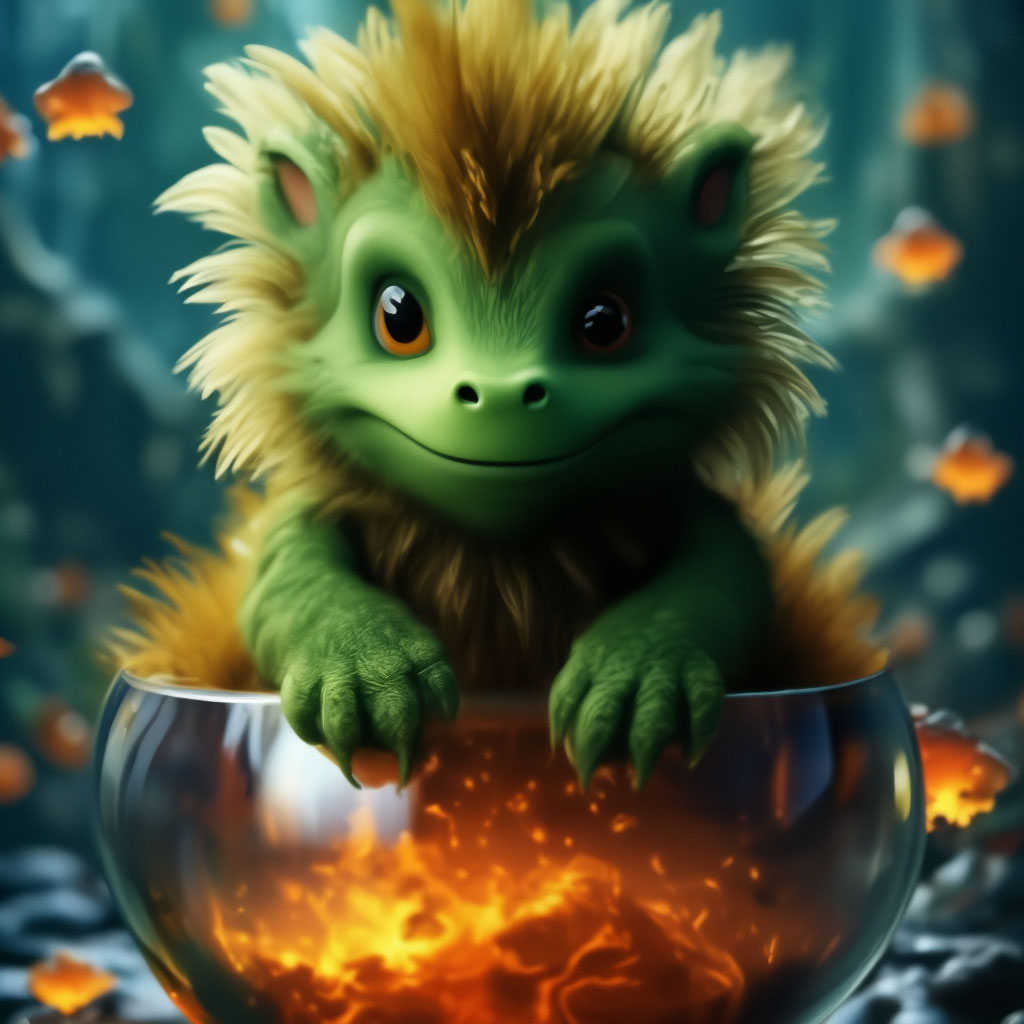"A cute hairy shaggy dragon in green hearts sits in an aquarium with ...