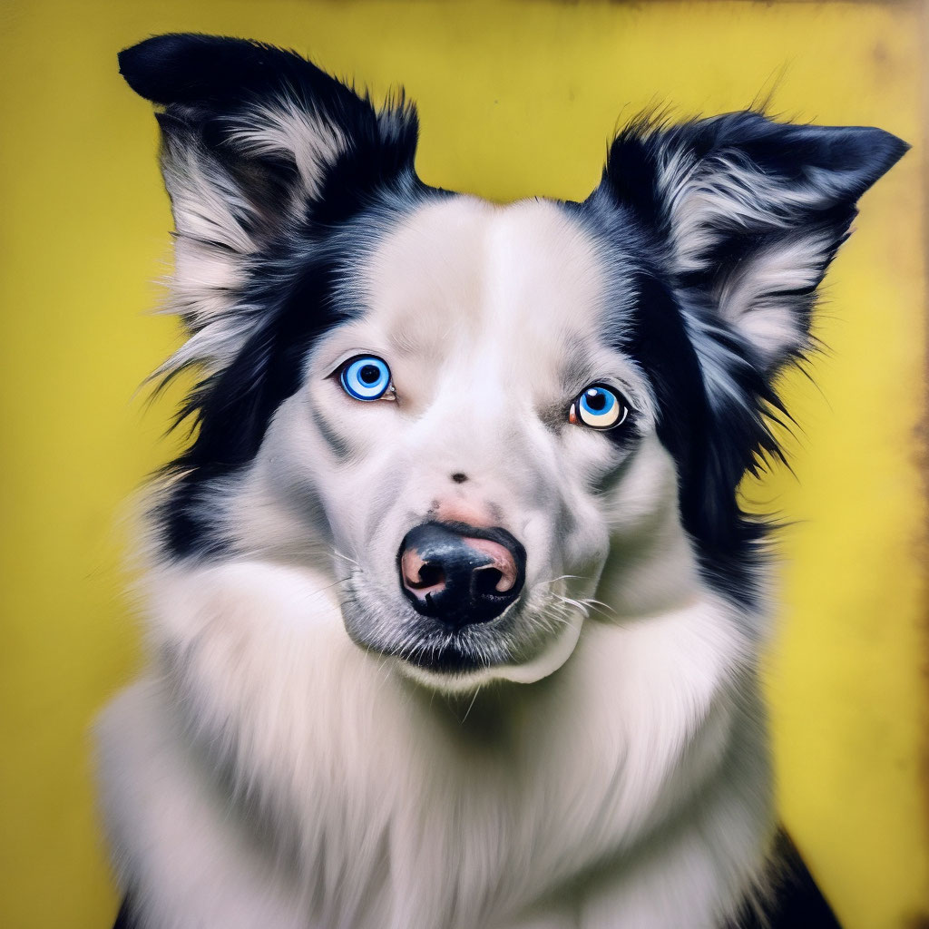 "The border collie is pure white with black ears and a beige patch ...