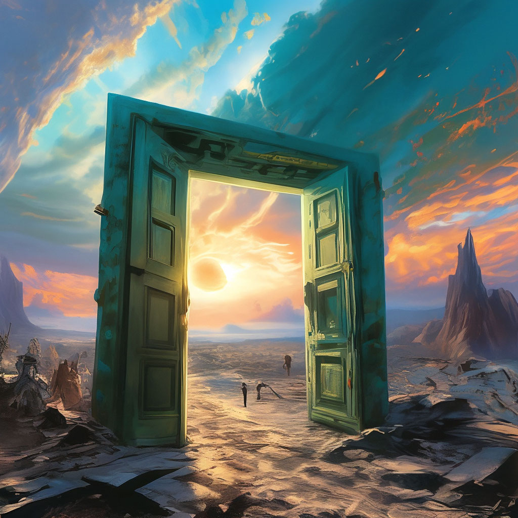 "The door to another world in the Apocalypse" — image created in Shedevrum