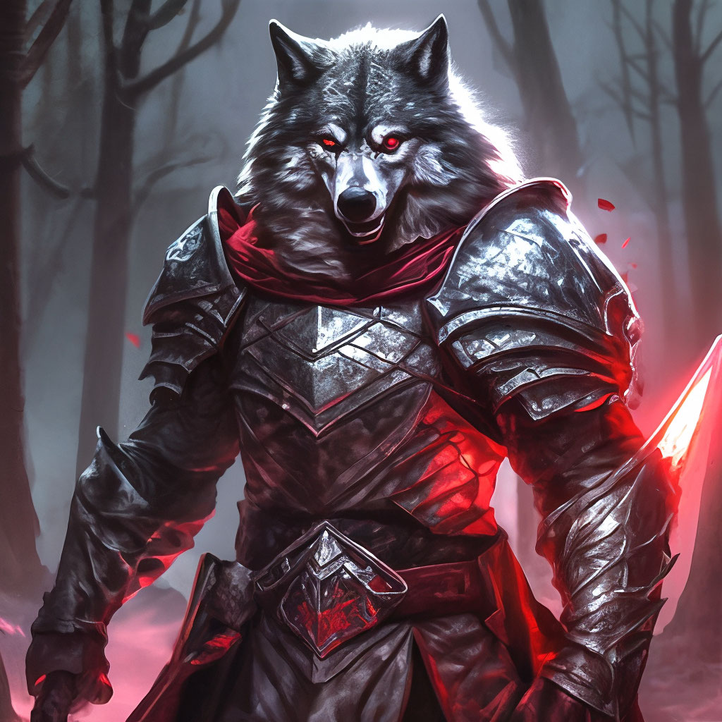 "A pumped-up wolf werewolf in very creepy armor with red traces of ...