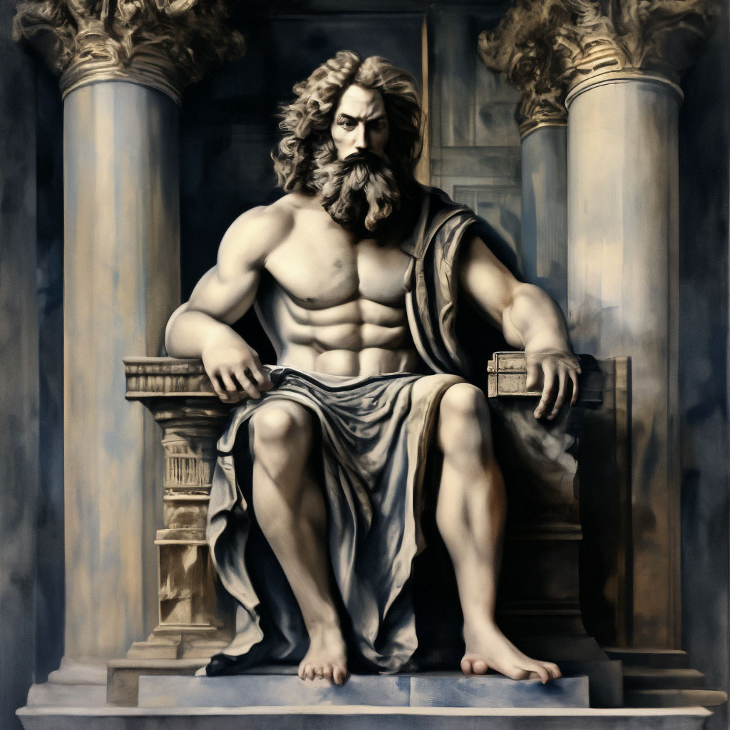 "Watercolor drawing, statue of Zeus sitting on a marble throne" — image ...