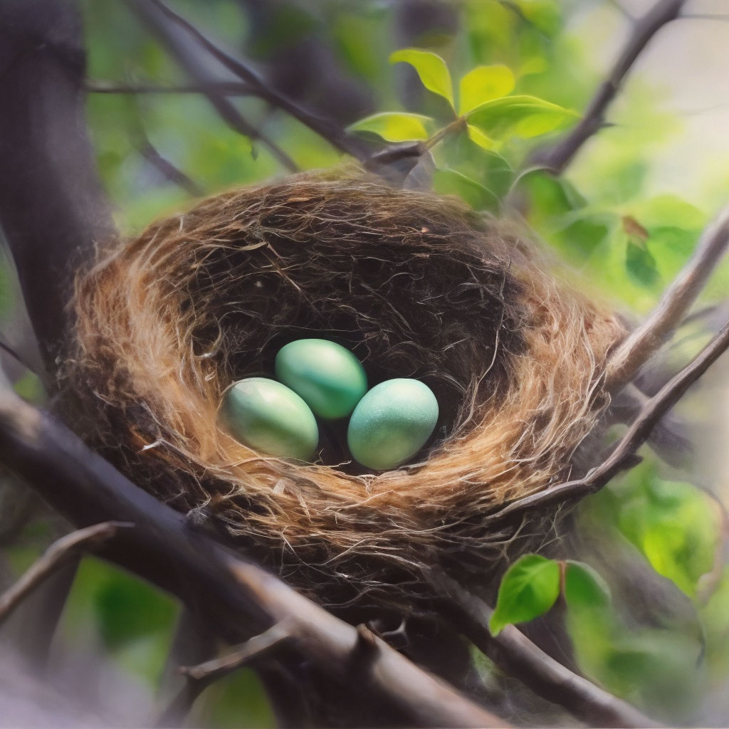 "A green tree, branches, a bird's nest with eggs oil painting , pastel ...
