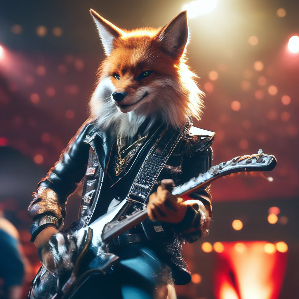 "A stylish fox rocker is on stage hyperrealism, cinematic, professional ...