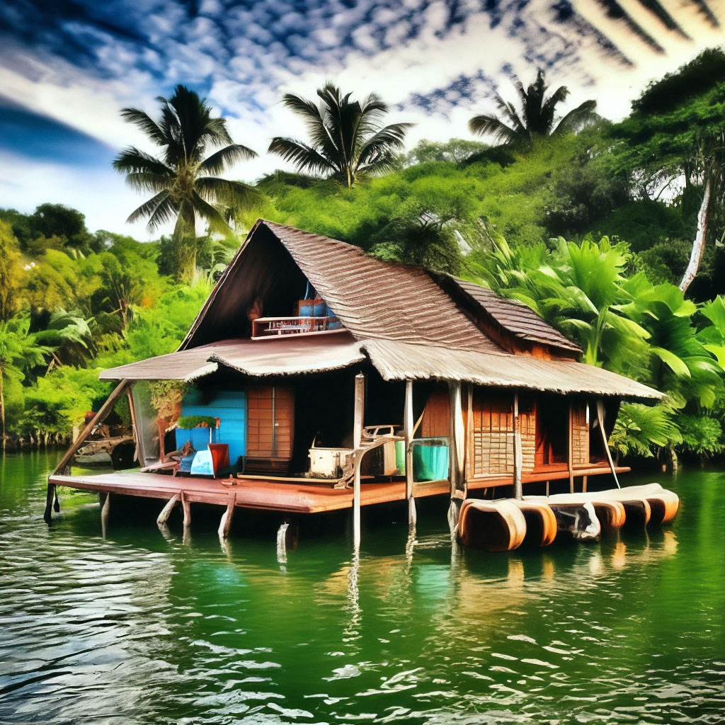 "Landscape, wooden shack on a raft, river, floating house, tropics ...