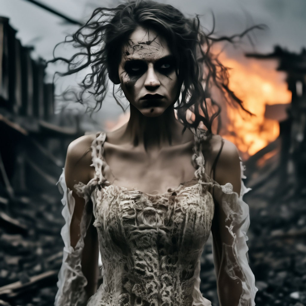 "Zombie bride in lace dress" — image created in Shedevrum