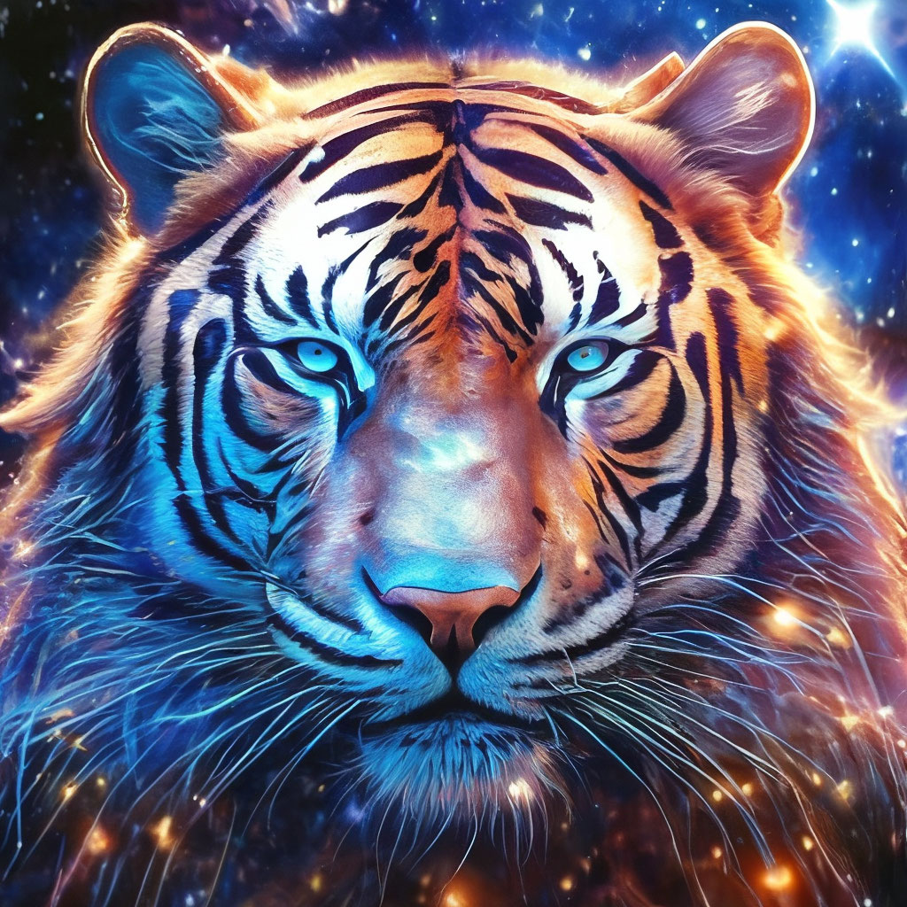 "Tiger-shaped galaxy ornament in the starry sky, soul metamorphosis ...