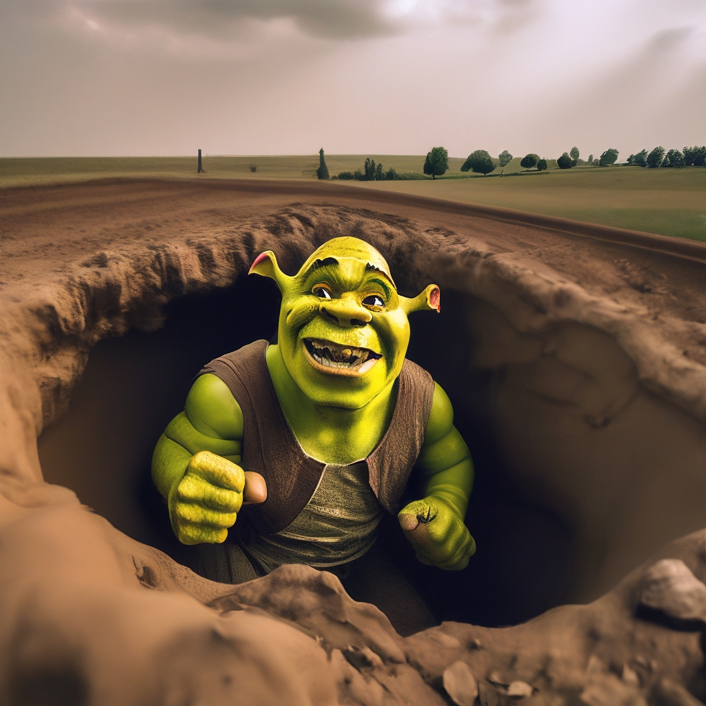 "Shrek crawls out of the hole , on a scorched field, a large hole from ...