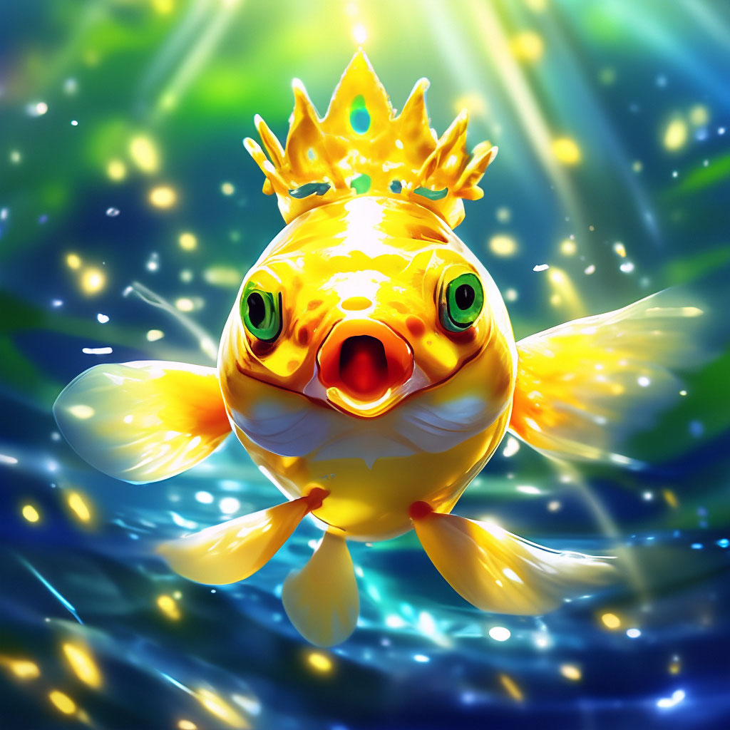 "The goldfish is cheerful, splashing in the sea, smiling, cute joyful ...