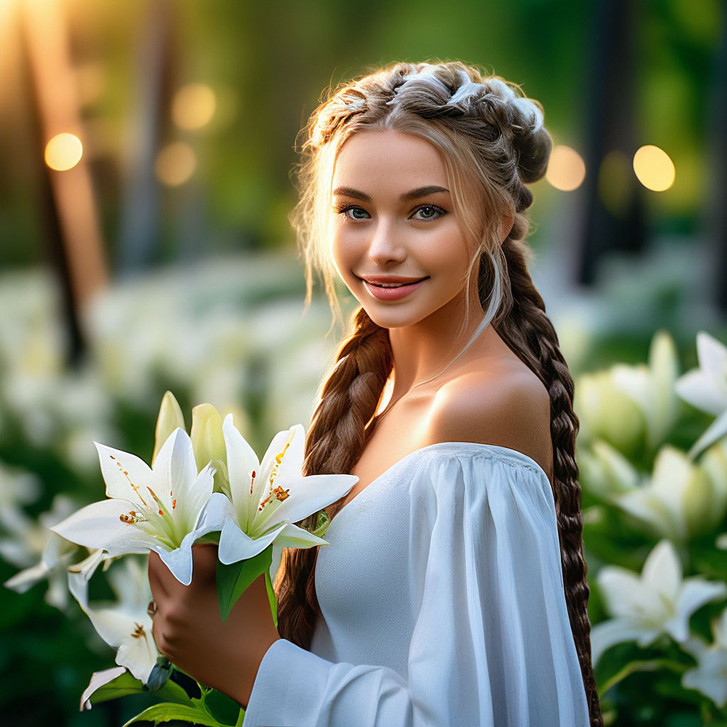 "A beautiful girl Veronica walks through a blooming Lily park, smile ...