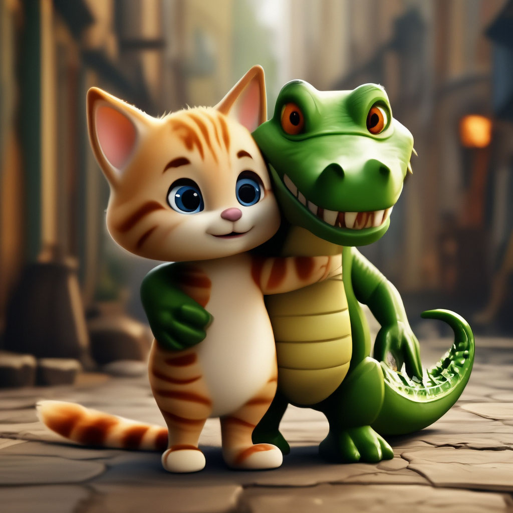 "Cartoon kitten and cartoon crocodile hug" — image created in Shedevrum