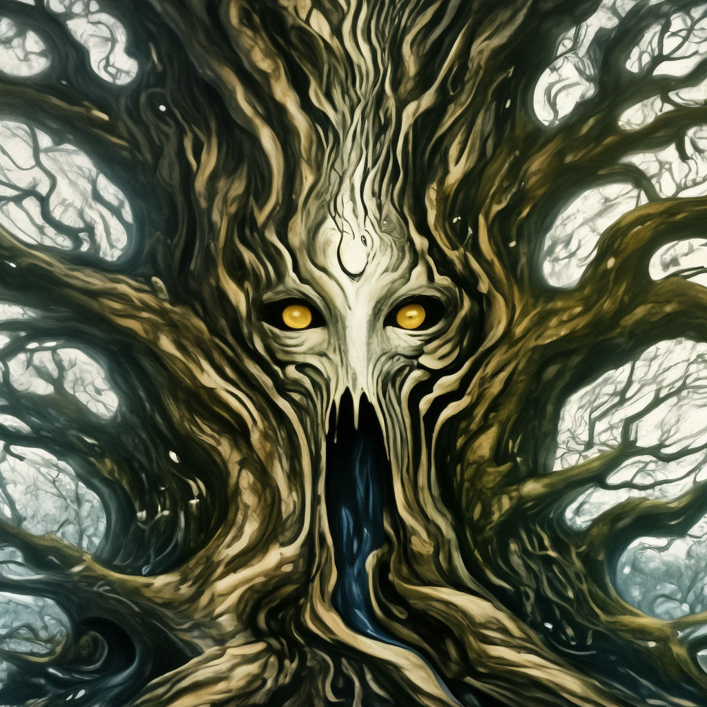 "A large old tree with eyes growing on it, abstraction, contrast, ink ...
